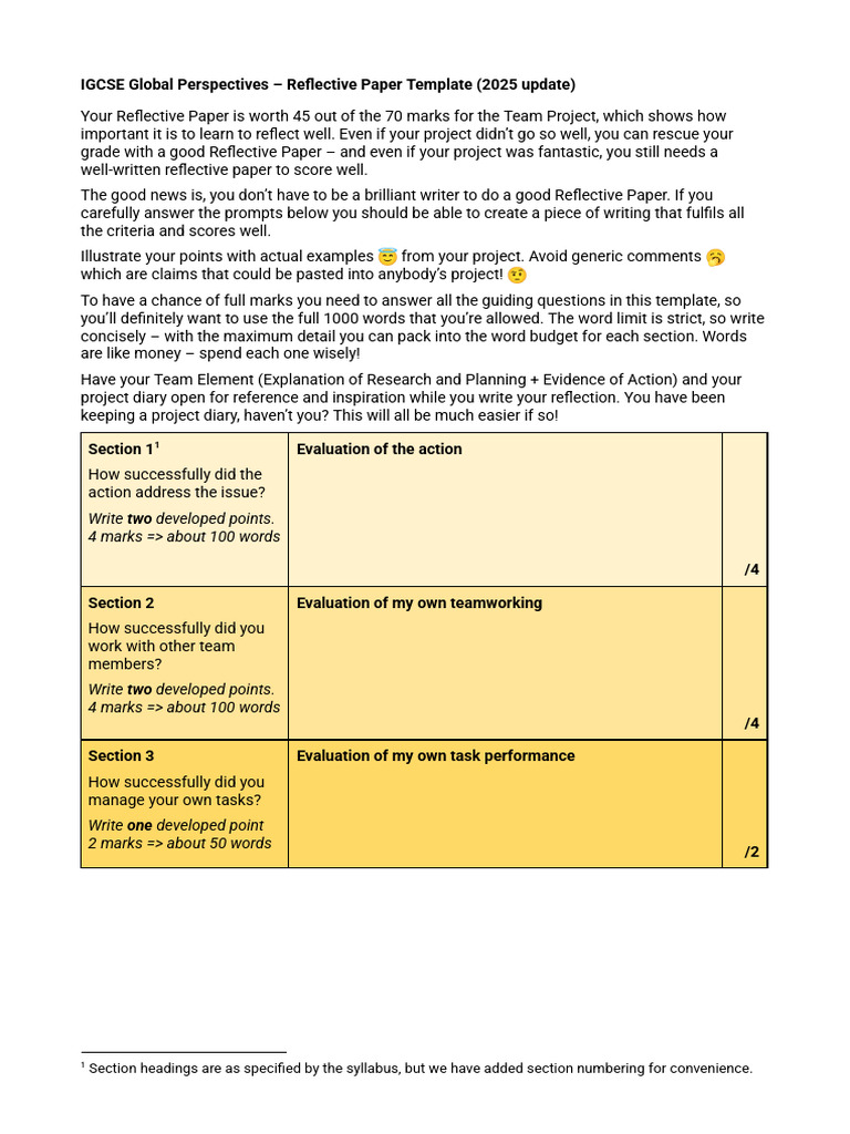 IGCSE Reflective Paper Template 2025 | PDF | Learning | Cognition