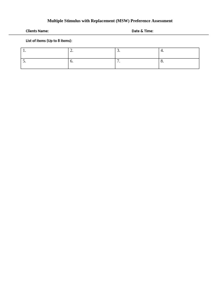 Preference Assessment MSW Data Sheet | PDF