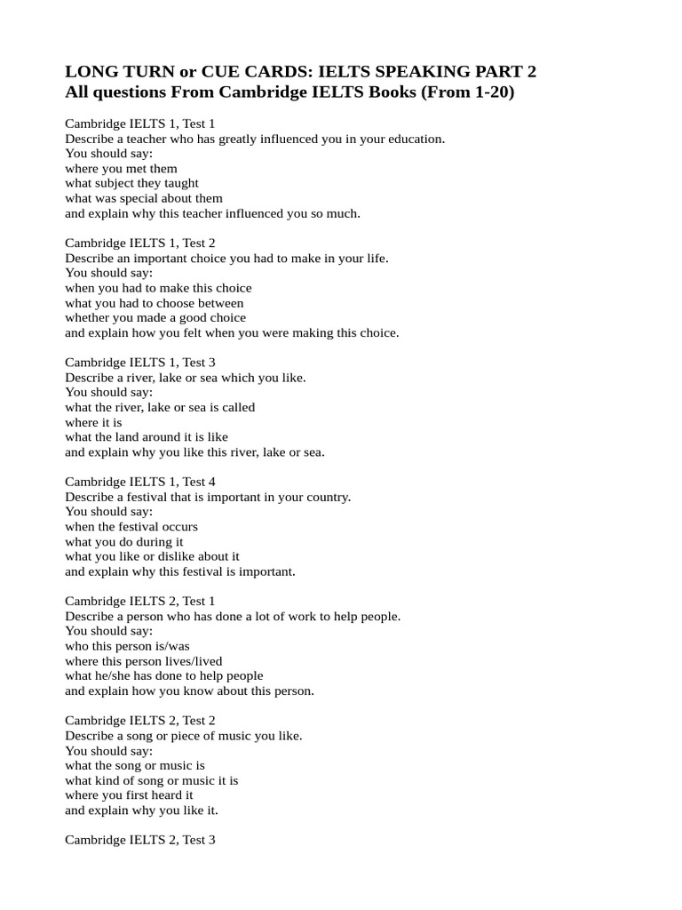 IELTS Speaking Part 2 Cue Cards | PDF | International English Language ...
