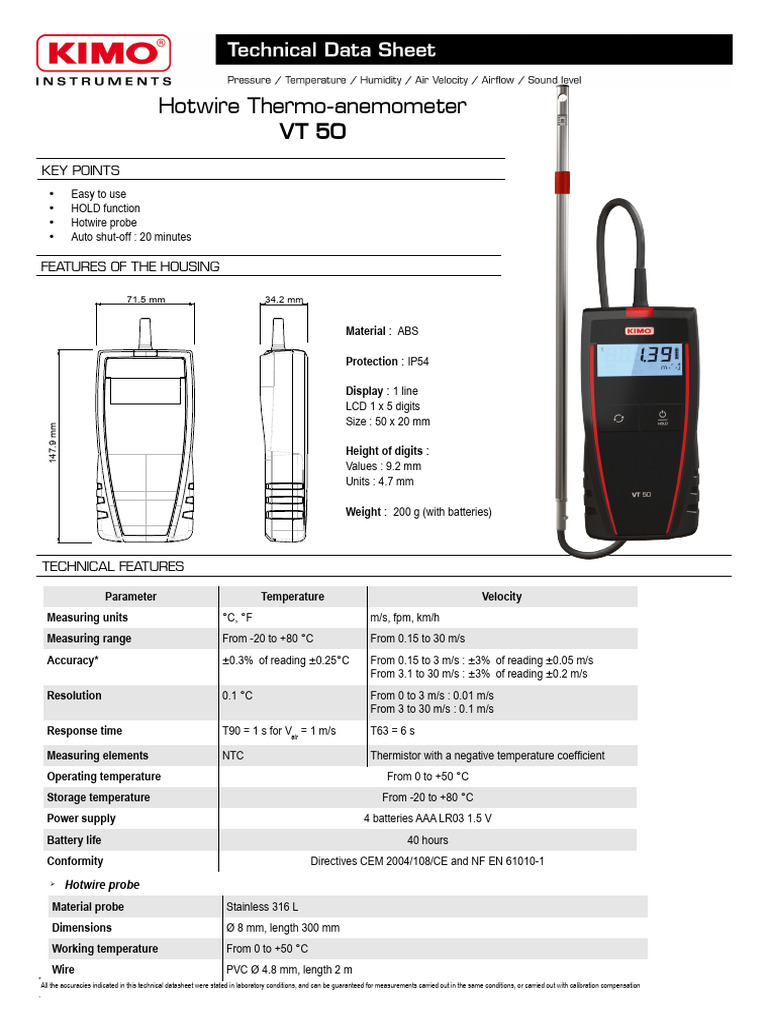 VT50 Hotwire ThermoAnemometer | PDF | Calibration | Physical Quantities