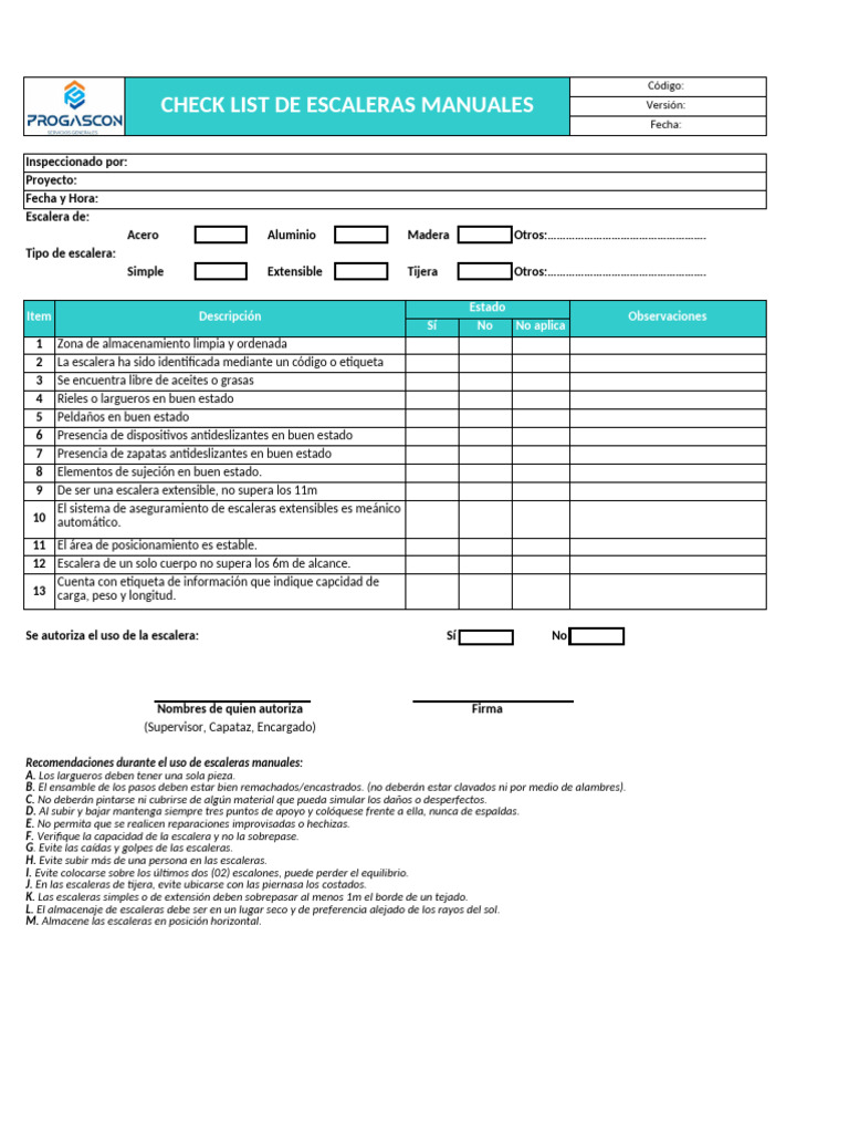 Checklist de Inspección de Escaleras Manuales | PDF | Escalera