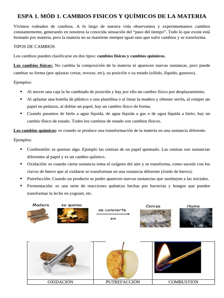 Cambios Físicos y Químicos de la Materia | PDF | Sustancias químicas ...