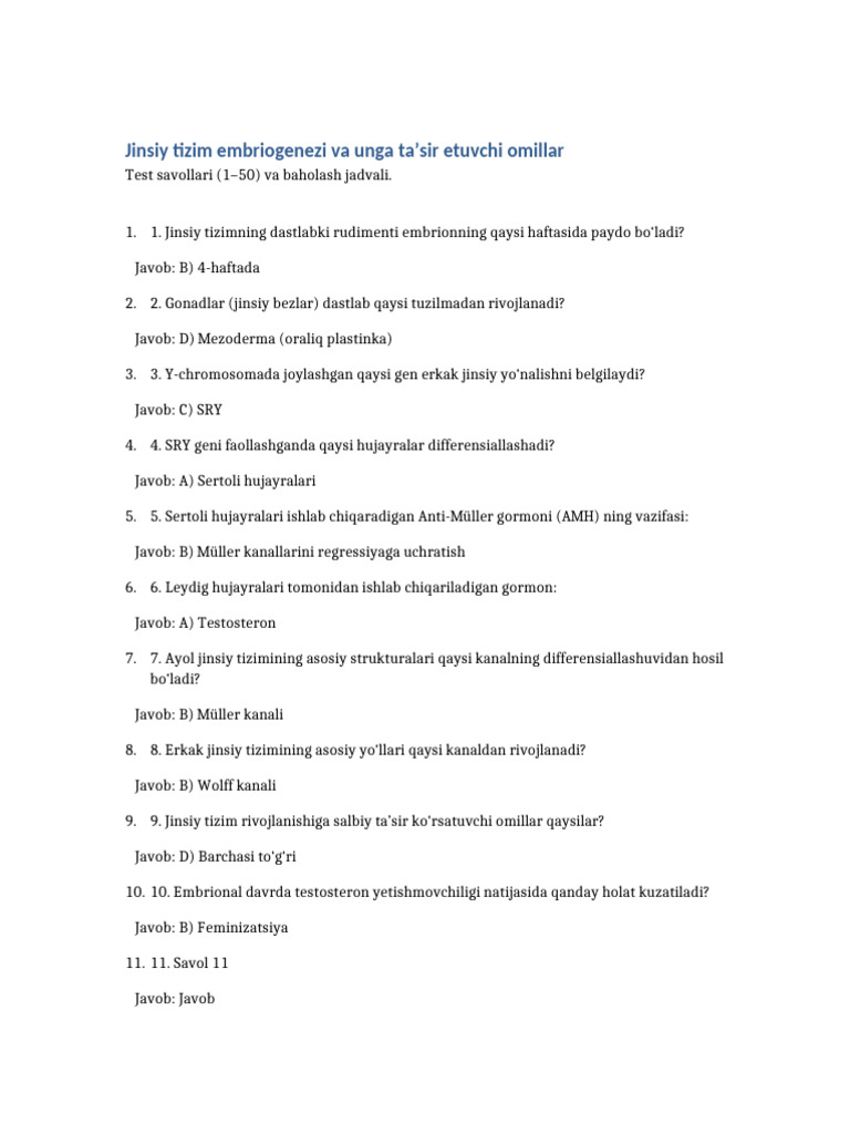 Jinsiy Tizim Embriogenezi Testlar | PDF