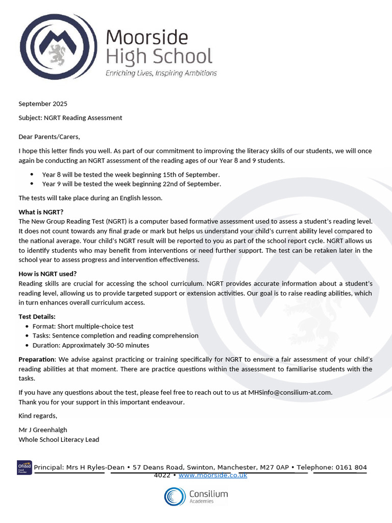 NGRT Reading Assessment for Year 8 & 9 | PDF