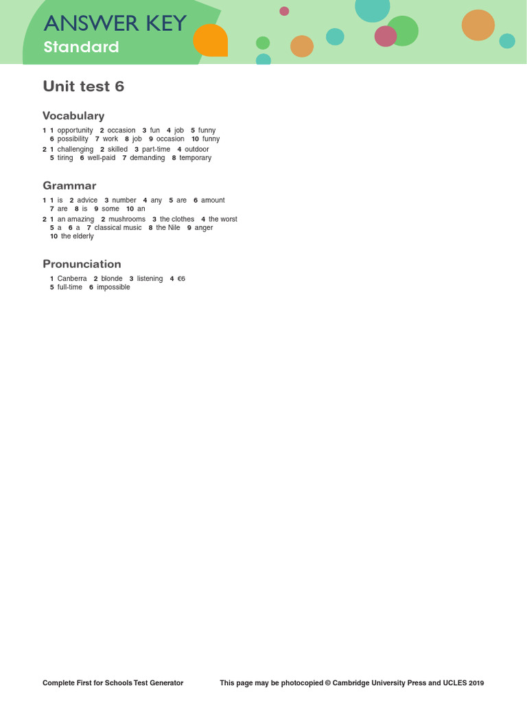 First for Schools Test Generator Answer Key | PDF