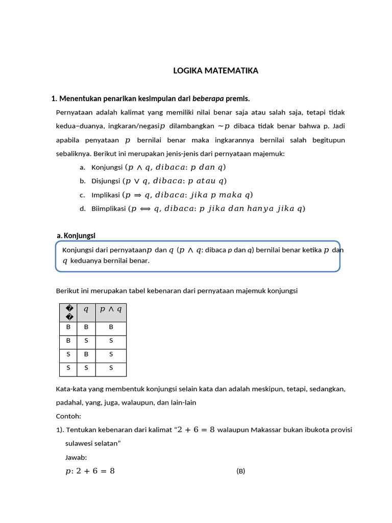 Logika Matematika: Kesimpulan dan Tabel Kebenaran | PDF