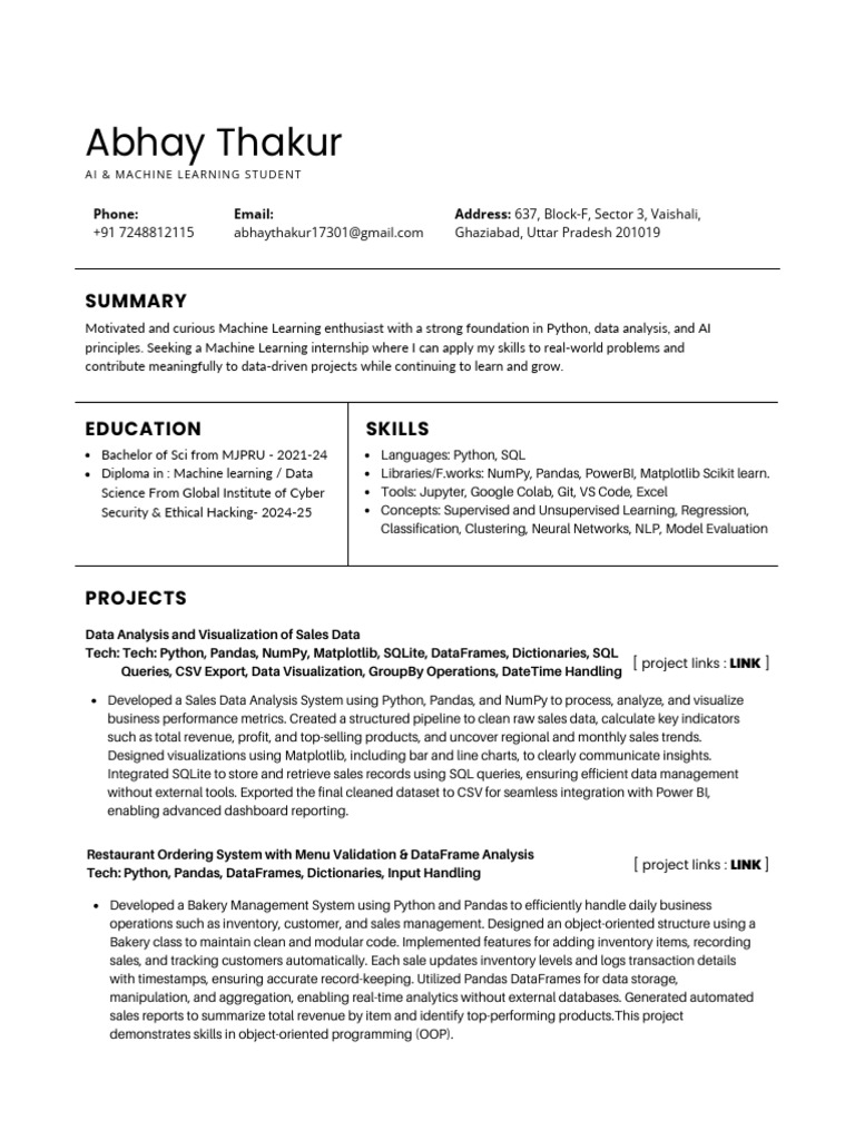 Abhay's AIML Resume | PDF | Machine Learning | Data