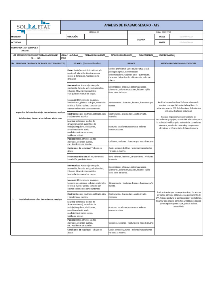 SGSST-FT-04 Formato Analisis de Trabajo Seguro V2 - PDF | PDF | Síndrome del túnel carpiano | Quemar