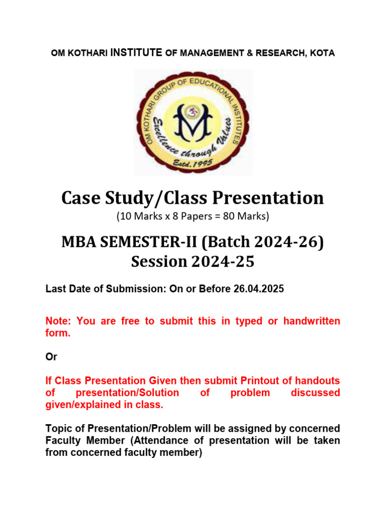 Case Study or Presentation (80 Marks) for All 8 Papers of MBA Sem-II | PDF