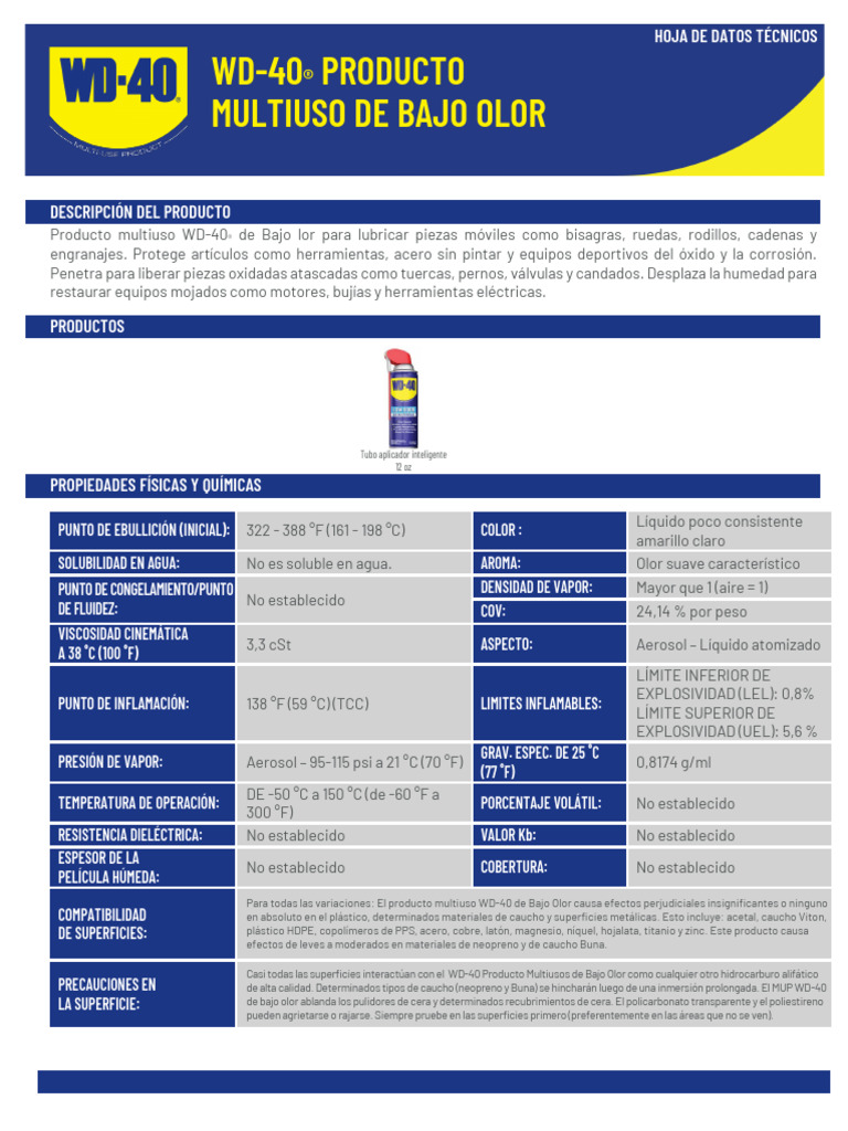 WD-40® Multiuso Bajo Olor: Especificaciones | PDF | Agua | Líquidos