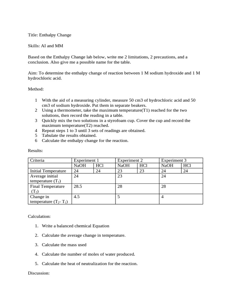 Energetics Lab Outline[1] | PDF | Alkene | Sodium Hydroxide