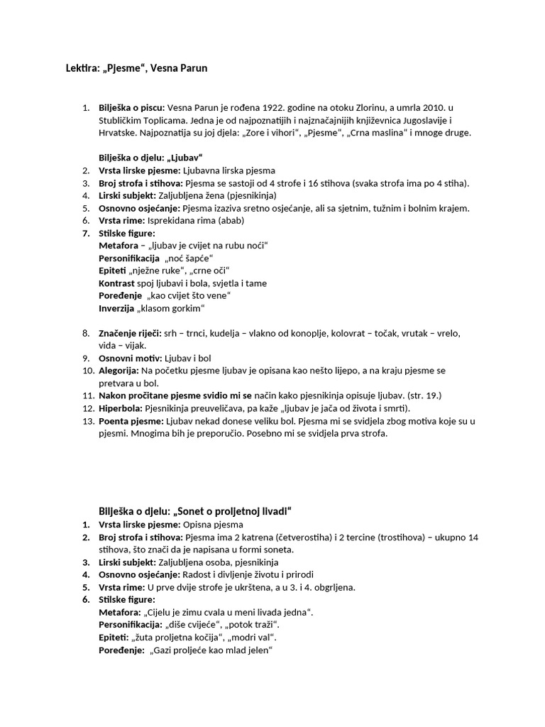 Lektira Pjesme Vesna Parun 1 | PDF