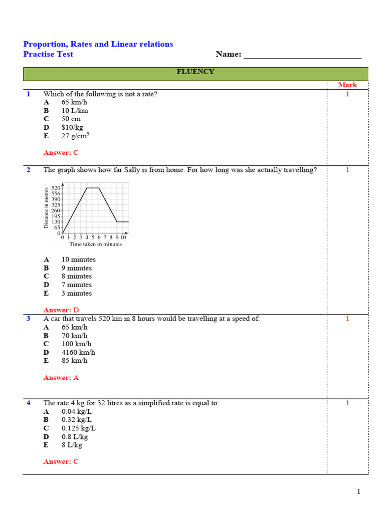 Proportion, Rates and Linear Relations Practise Test (year 8) | PDF ...