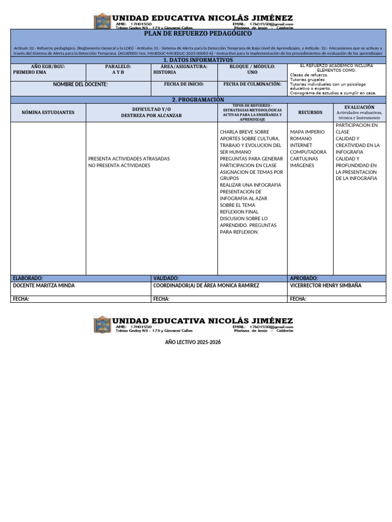Plan de Refuerzo Historia Primero - 100033 | PDF | Maestros | Pedagogía