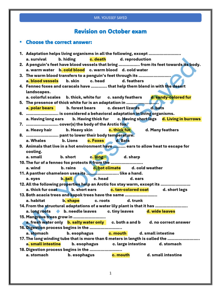October Revision Grade 4 (Answers) | PDF | Breathing | Respiratory System