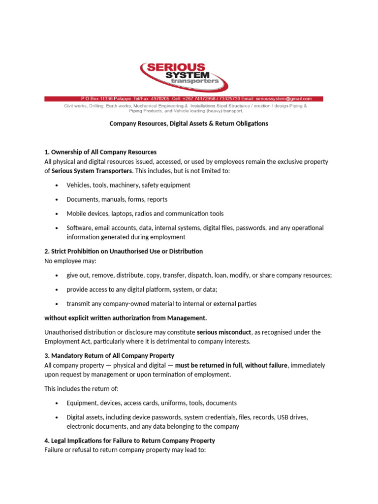 Company Property Use and Return Policy | PDF
