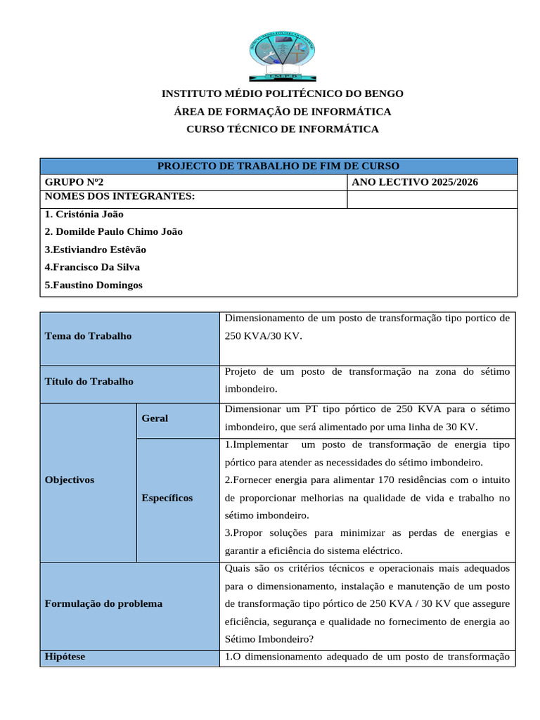 Pré-projecto_Modelo[1] GRUPO Nº2..2 | PDF | Eletricidade | Engenharia Elétrica