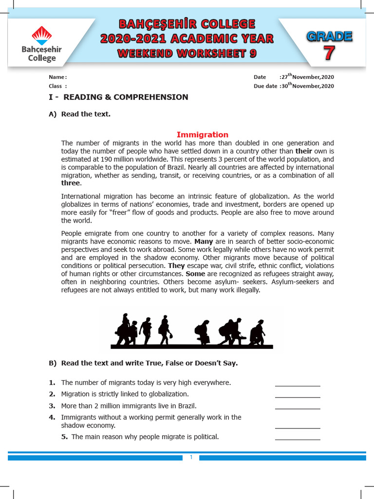 Grade 7 Immigration Worksheet | PDF | Human Migration | Cultural ...