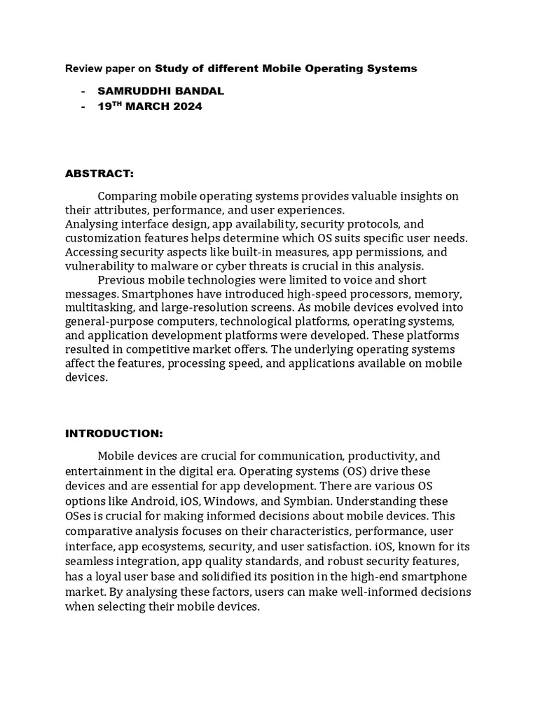 Review Paper On Study of Different Mobile Operating Systems | PDF | Android (Operating System) | Ios