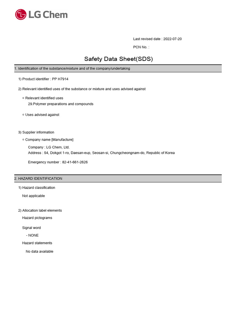 Safety Data Sheet for PP H7914 Polymer | PDF | Toxicity | Waste