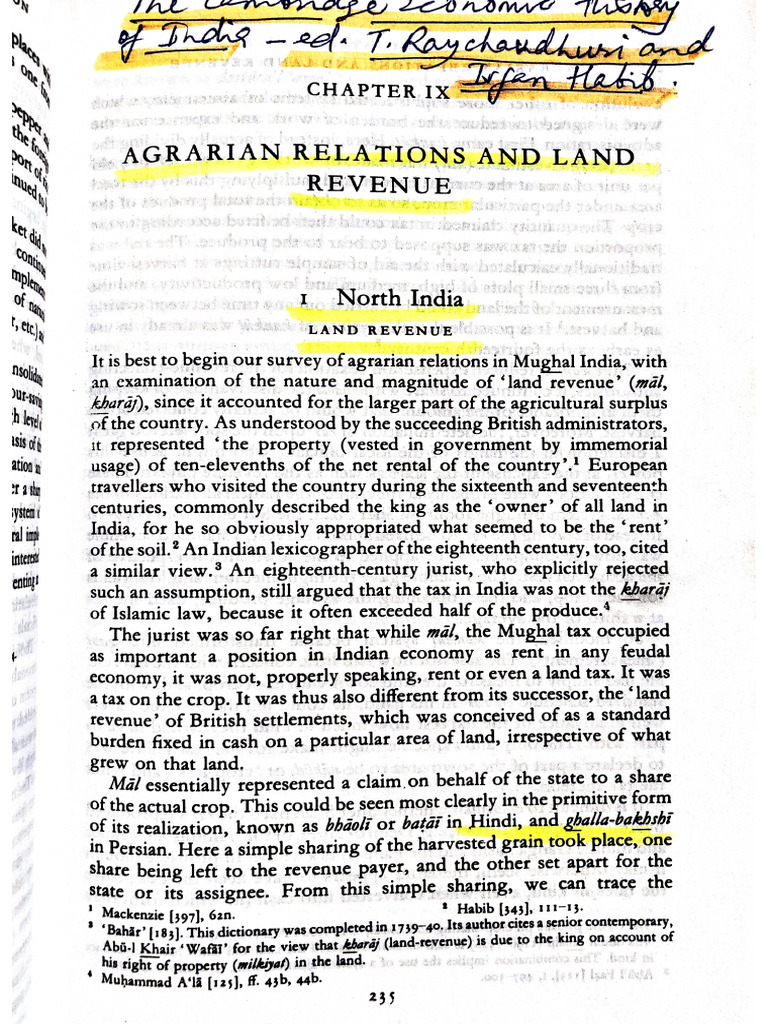 Land Revenue System, Zamindars & Agrarian Relations (Irfan Habib) | PDF