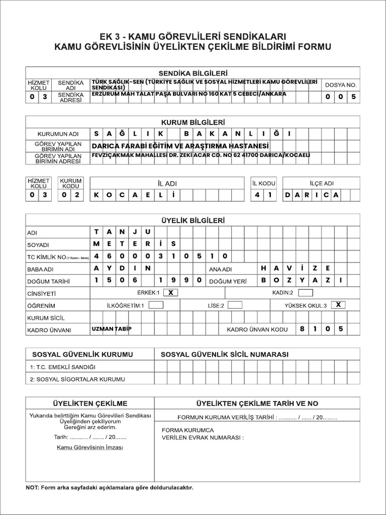 Sendika Istifa Formu Tanju Meteris J2WTZ2K9M6JCP | PDF