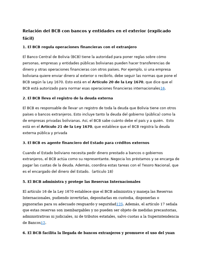 Funciones del BCB en Finanzas Internacionales | PDF | Bancos | Dinero