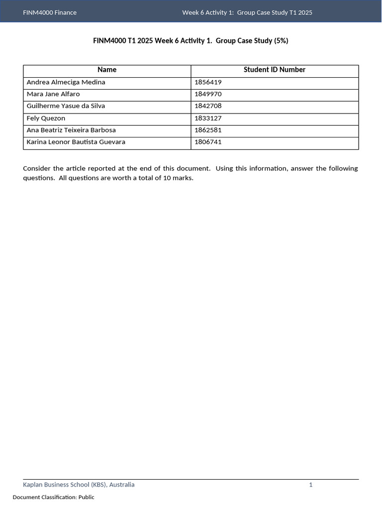 Finance Group Case Study T1 2025 | PDF | Financial Risk | Investing