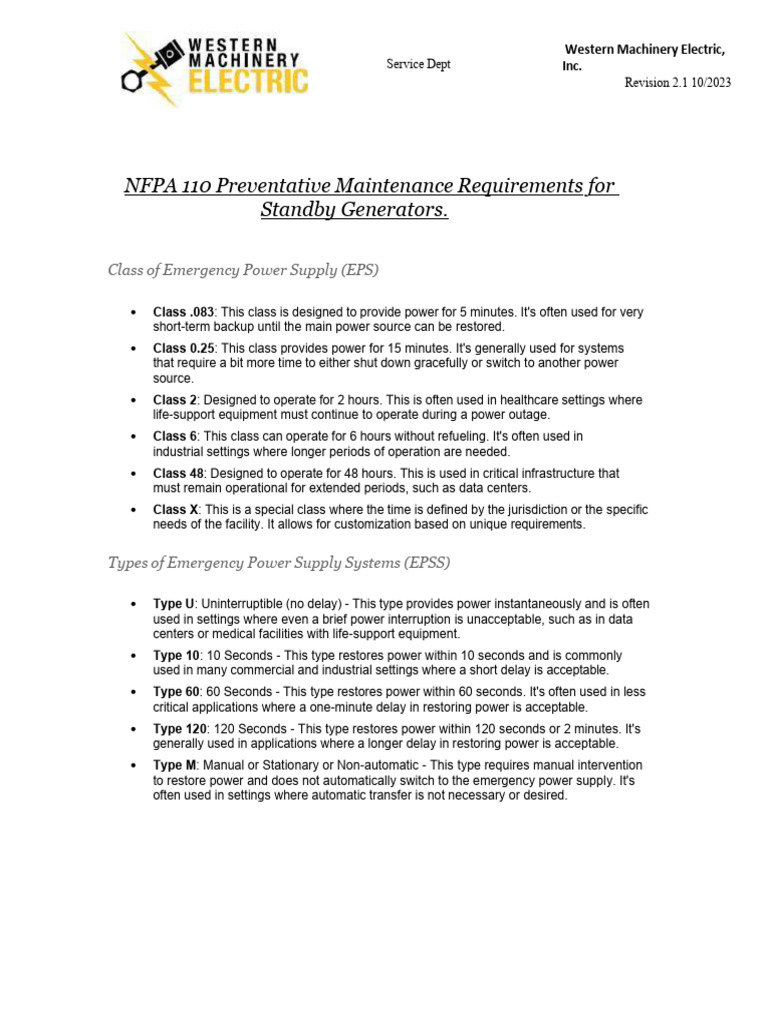 NFPA 110 Genset Required Maintenance | PDF | Fuse (Electrical ...