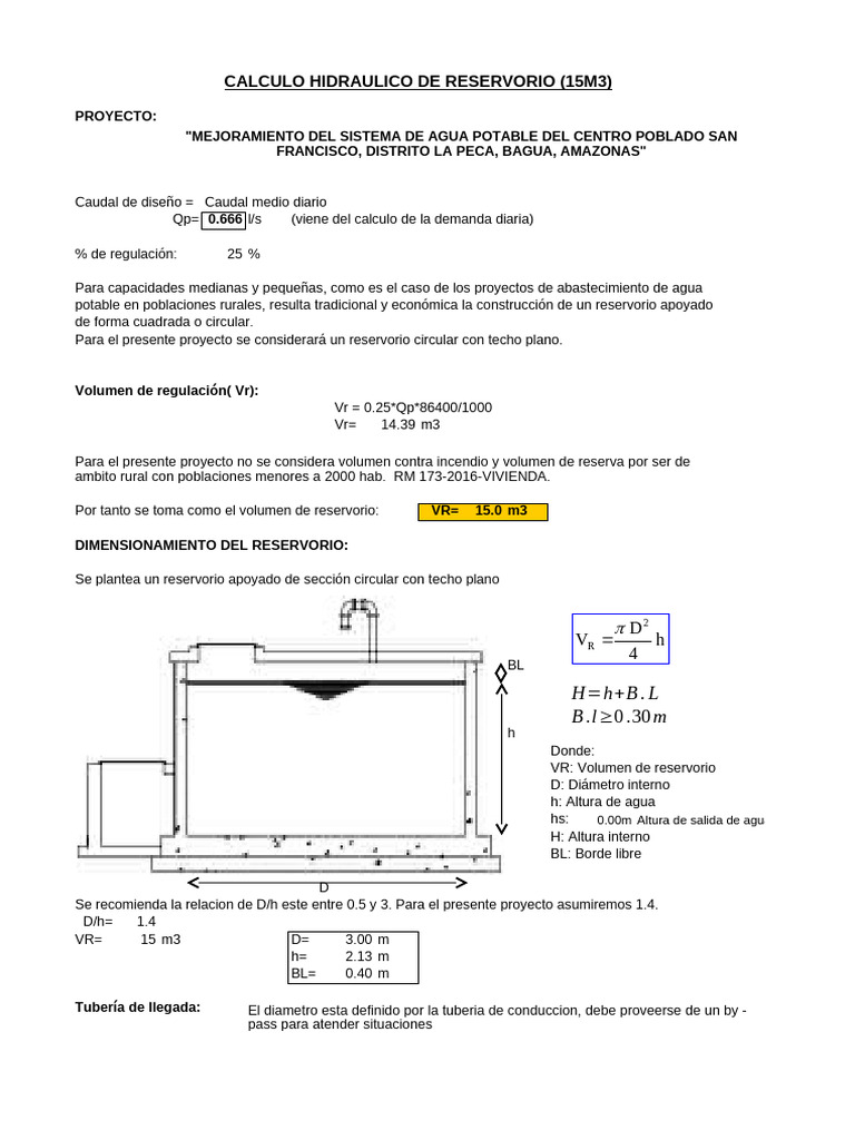 DISEÑO - Reservorio 15m3 | PDF | Tubería (transporte de fluidos) | Agua