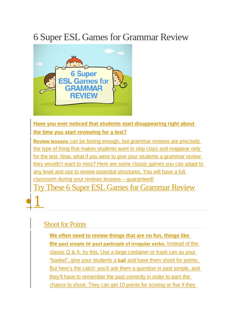 6 Super ESL Games For Grammar Review | PDF | English As A Second Or ...