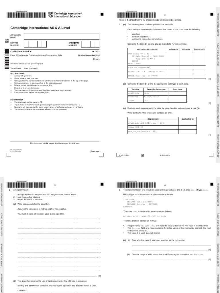 Cs Past Papers | PDF | Pointer (Computer Programming) | Algorithms And ...