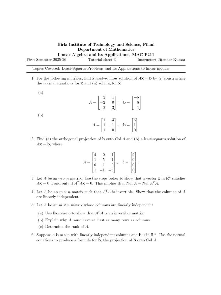 Tutorial Sheet-3-2 | PDF | Matrix (Mathematics) | Least Squares