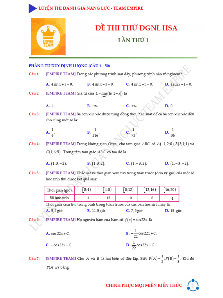 Đề Thi Thử Hsa Lần Thứ 1 - cắt - lại | PDF