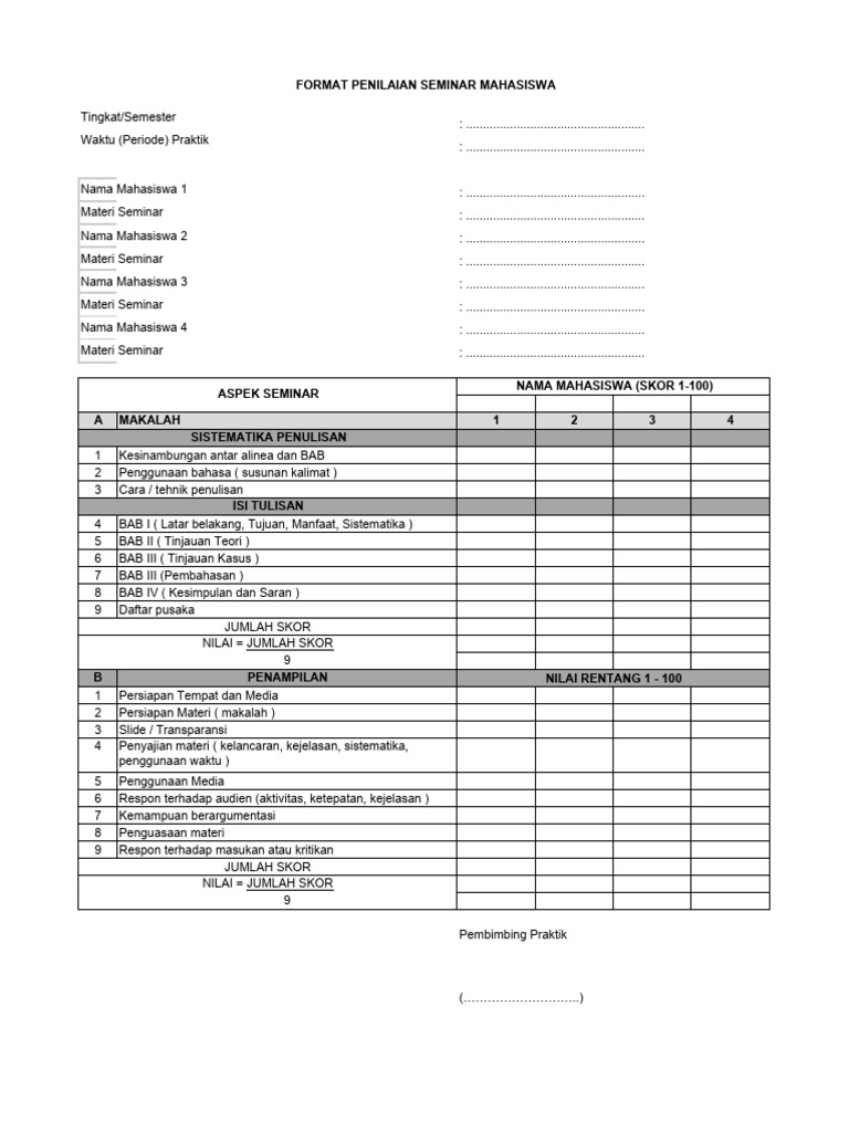 Format Penilaian Seminar Mahasiswa | PDF