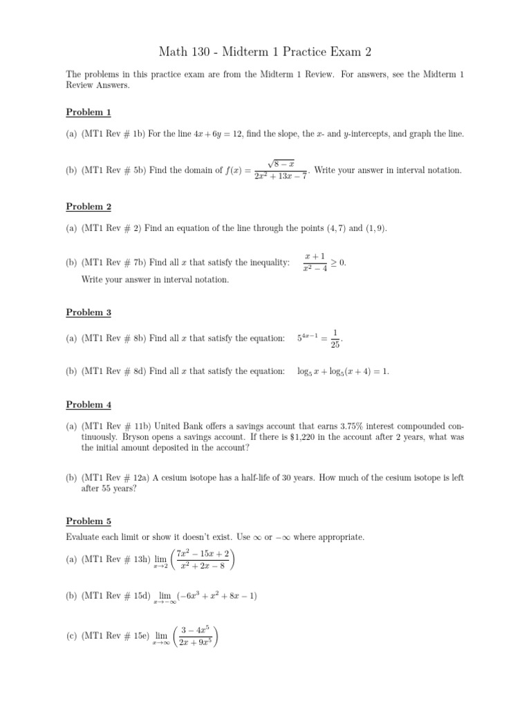 Math 130 Midterm 1 Practice Exam Guide | PDF | Mathematical Objects ...