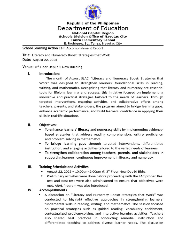 SLAC-Accomplishment-Report-AUGUST 2025 | PDF | Literacy | Learning