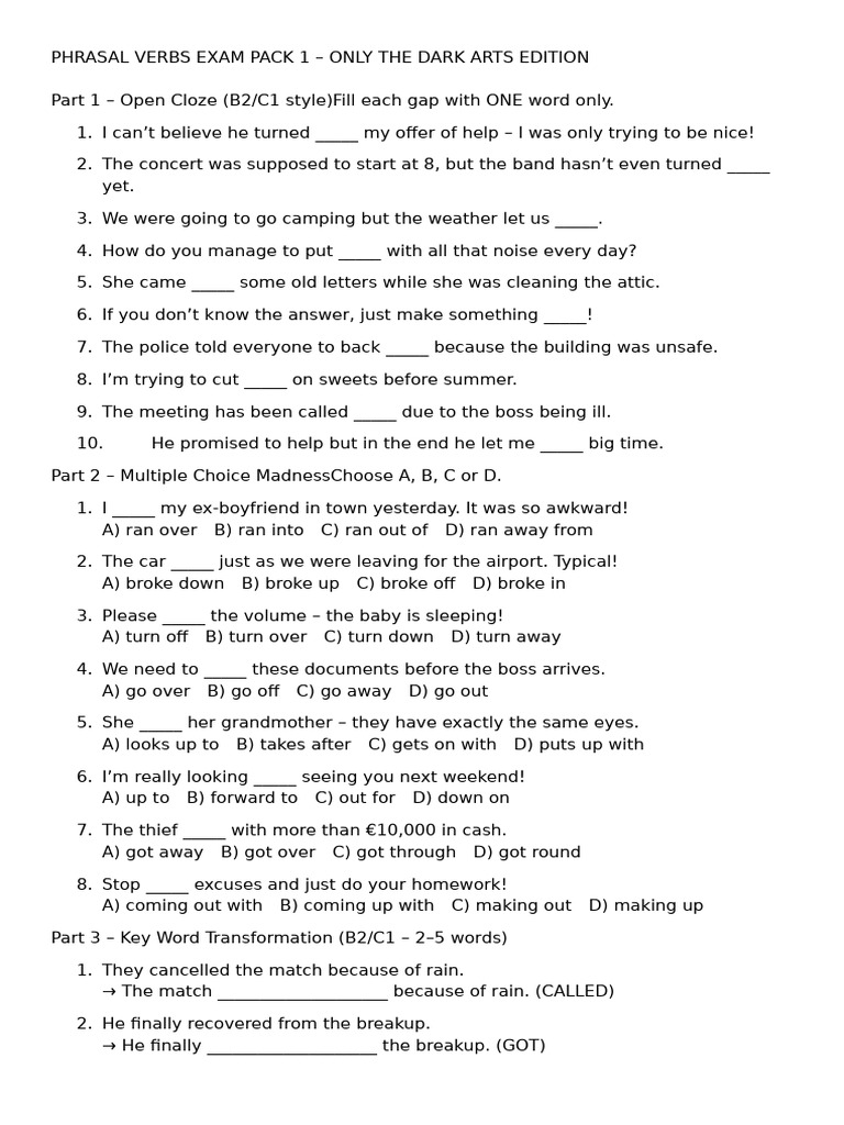 Phrasal Verbs Exam Pack 1 | PDF