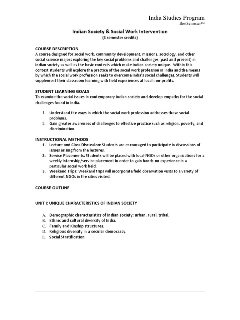 India Studies Program: Indian Society & Social Work Intervention | PDF ...