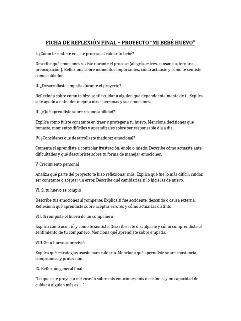 Reflexion Proyecto Bebe Huevo.docx | PDF | Las emociones | Empatía