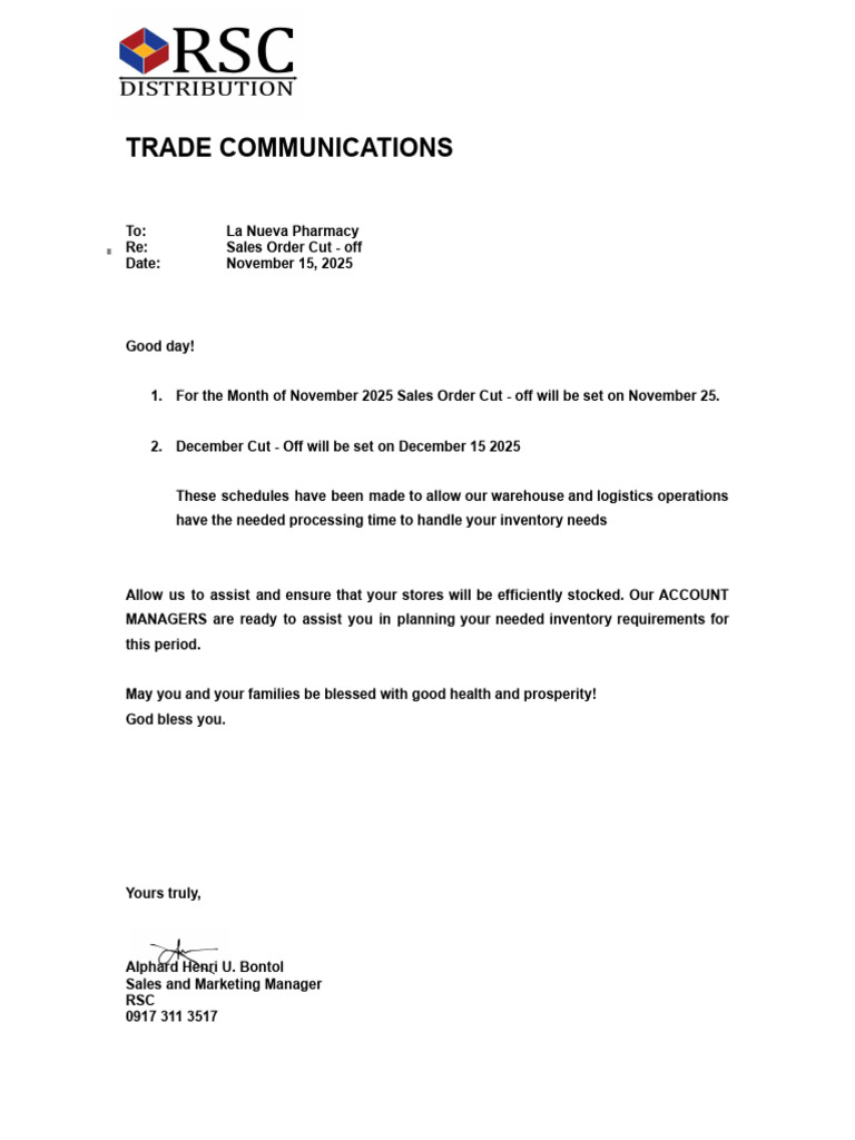 Sales Order Cut-off Dates for Pharmacies | PDF | Inventory | Service ...