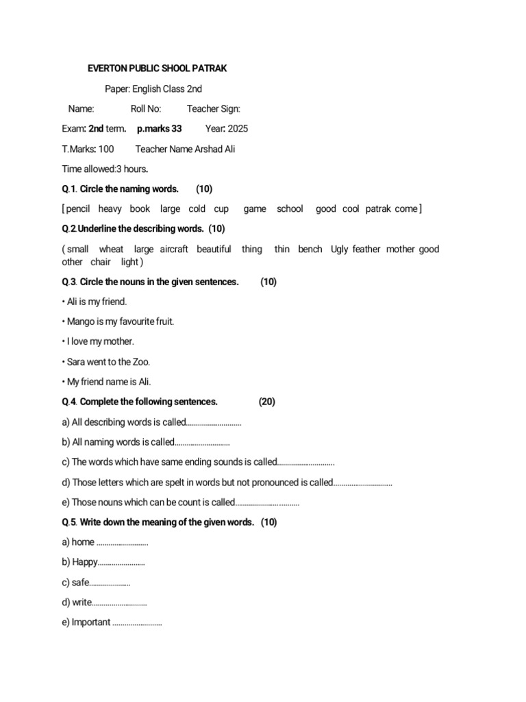 English Class 2 Exam Paper for 2nd Grade | PDF