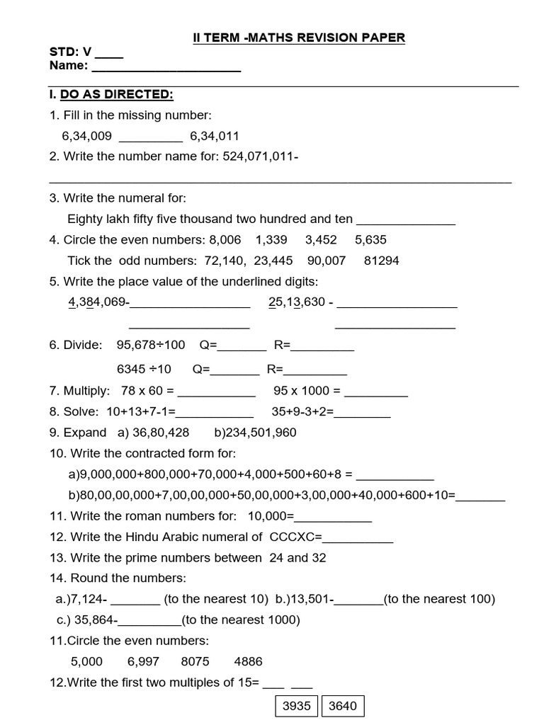 Maths Revision Paper for Class V | PDF | Rupee | Arithmetic