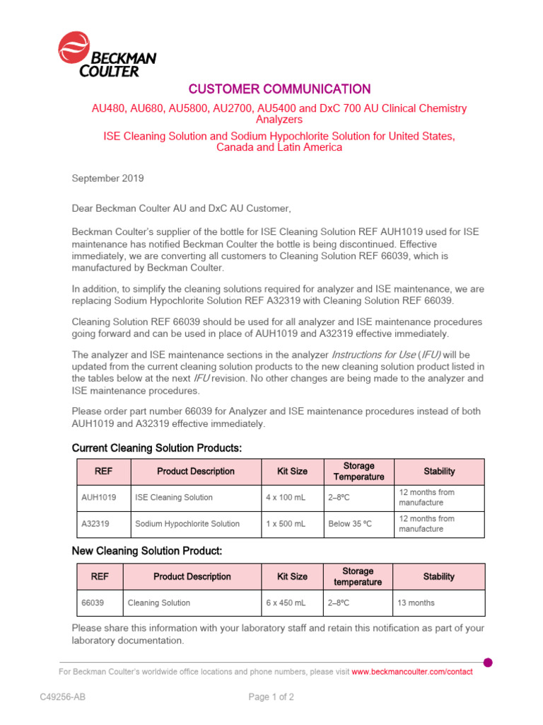 ISE Cleaning Solution and Sodium Hypochlorite Solution C49256AB | PDF