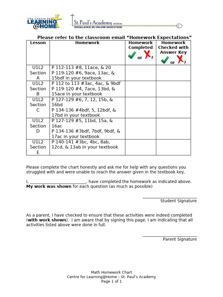 Math 9 U1L2 Homework Chart | PDF