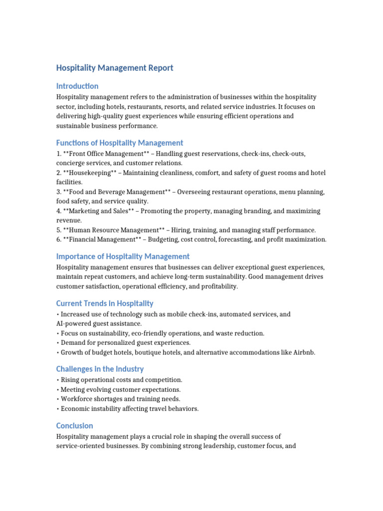 Key Functions of Hospitality Management | PDF