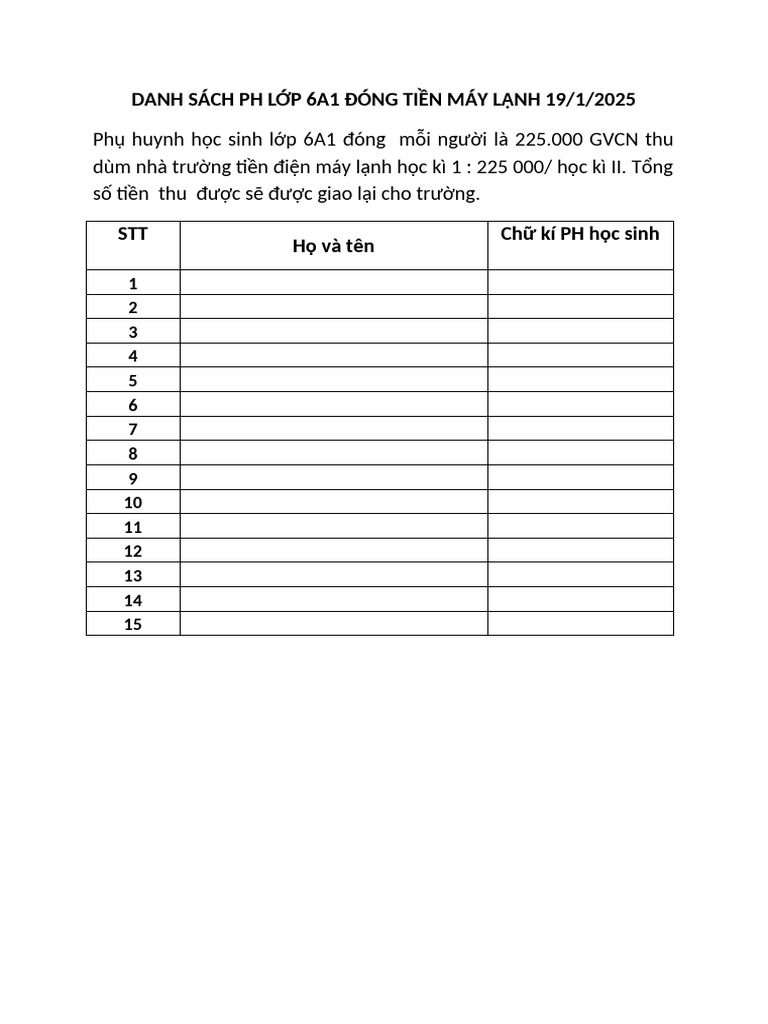 Danh Sách PHHS Đóng Tiền Máy Lạnh HKII Lớp 6A1 | PDF