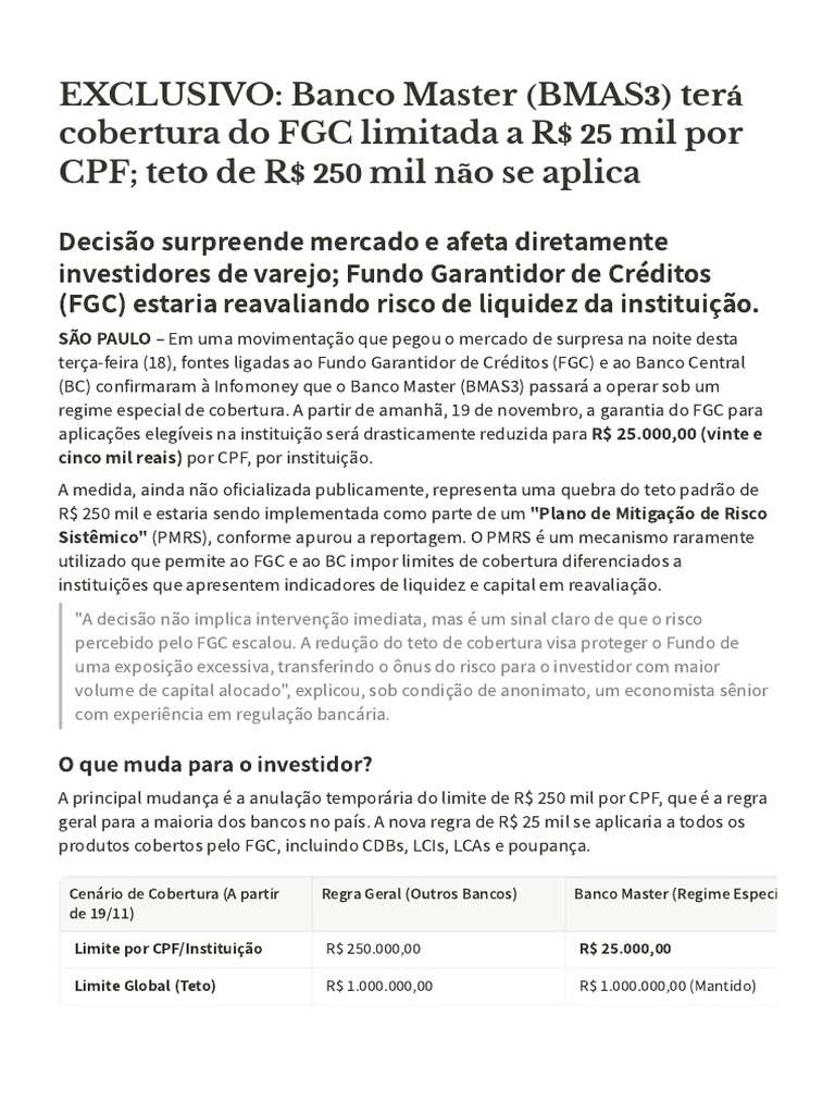 Banco Master: FGC limita cobertura a R$ 25 mil | PDF | Economias