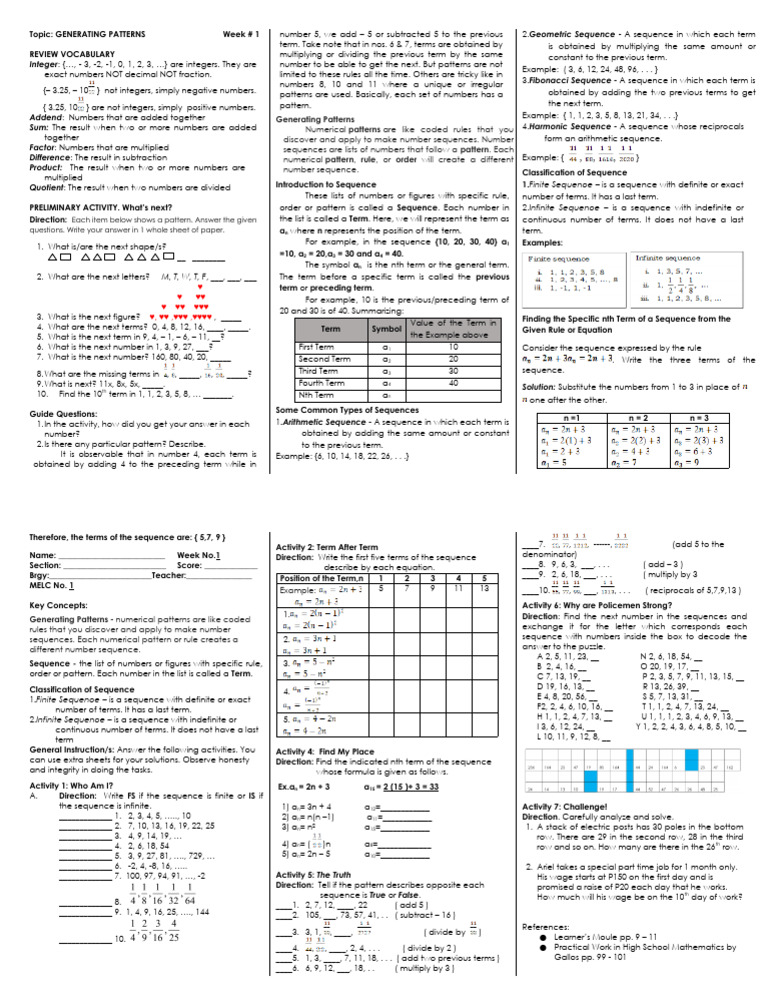 Generating Patterns in Sequences | PDF | Numbers | Multiplication