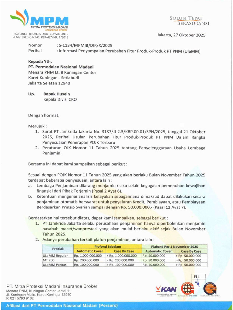 Surat Penyampaian Perubahan Fitur Produk-Produk PT PNM Dalam Rangka ...